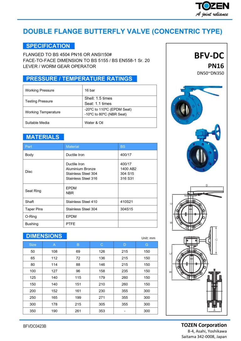 DOUBLE FLANGE BUTTERFLY VALVE – CONCENTRIC TYPE - Tozen