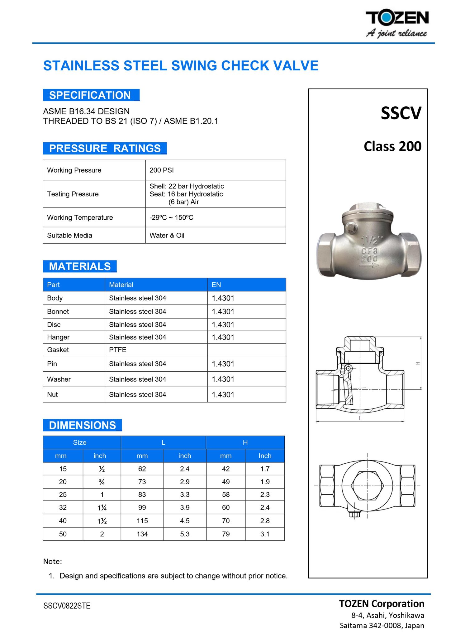 STAINLESS STEEL SWING CHECK VALVE - Tozen